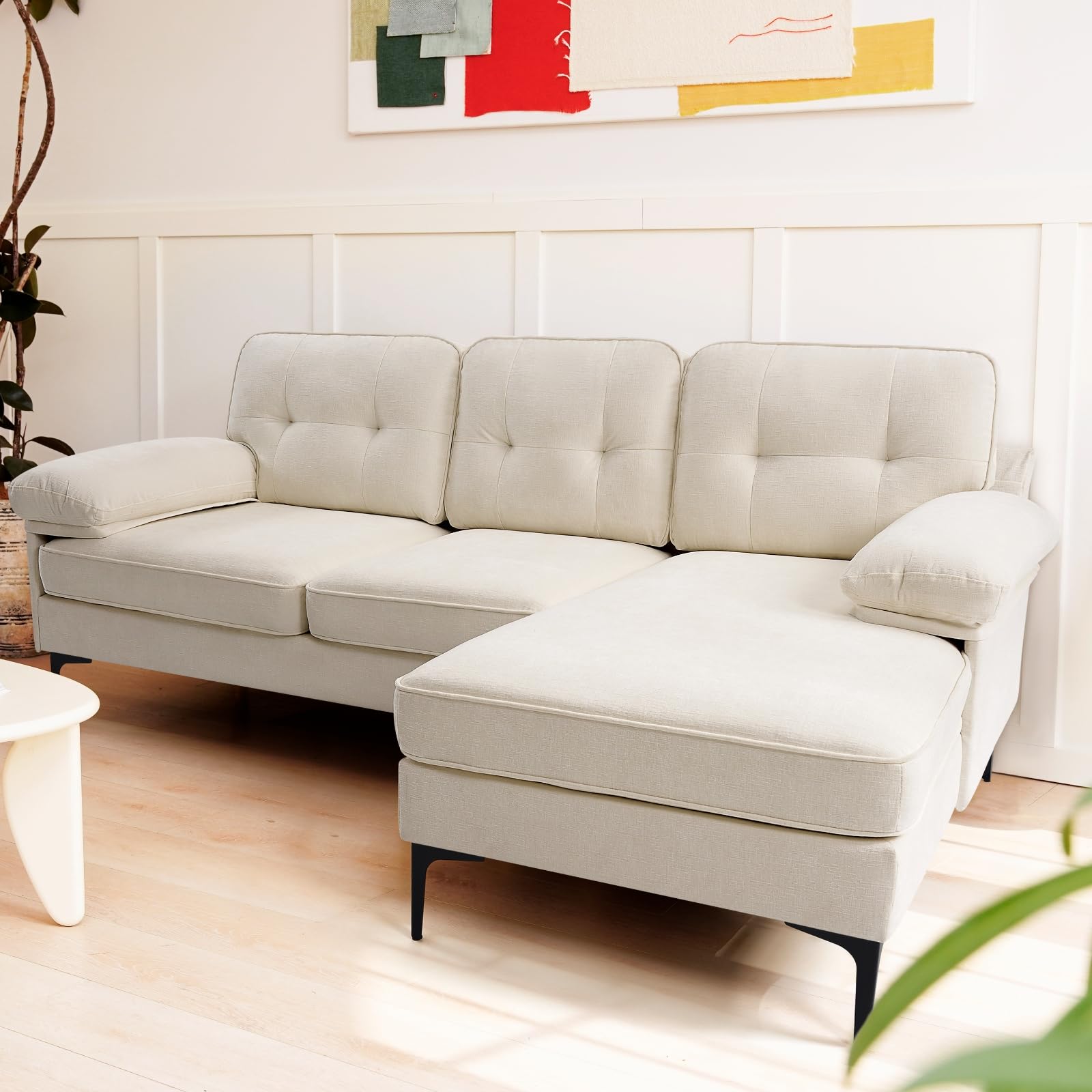 AJABEST 83" Chenille L-Shaped Modular Sofa,Convertible Sectional Upholstered 3 Seater Small Cloud Couch for Living Room with Reversible Chaise Lounge,White