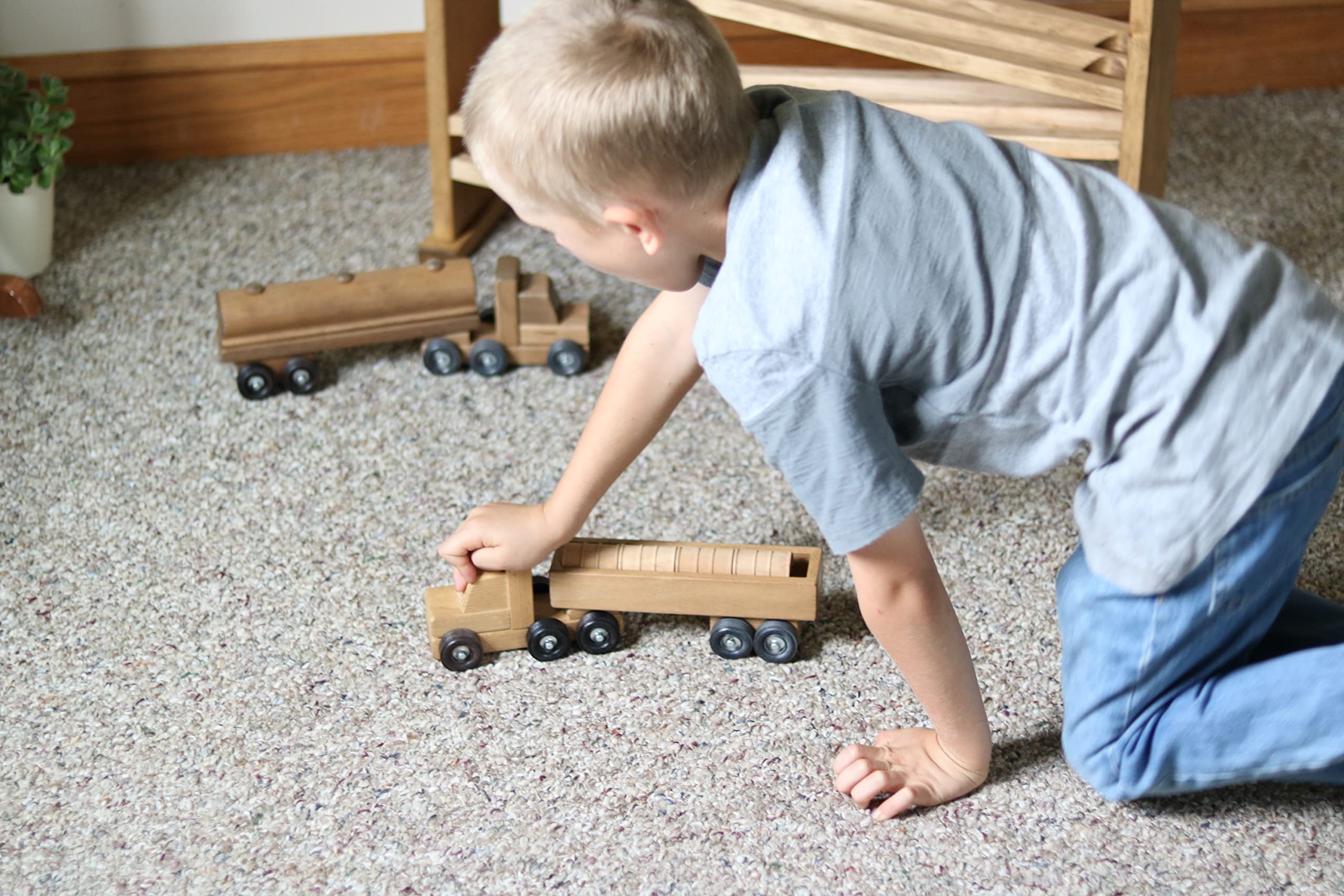 AmishToyBox.com Wooden Barrel Truck Toy - with Removable Wood Barrels - Child-Safe Harvest Stain Finish