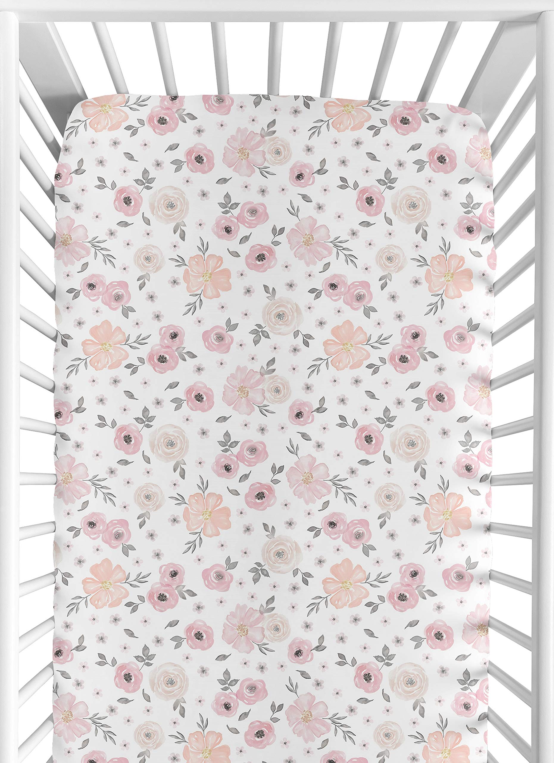 Sweet Jojo Designs Floral Girl Jersey Stretch Knit Baby Fitted Crib Sheet for Soft Toddler Bed Nursery - Blush Pink, Grey and White Boho Shabby Chic Rose Watercolor Flower