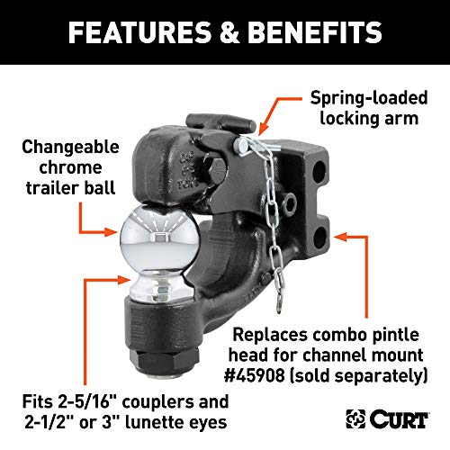 CURT 45922 Channel Mount Pintle Attachment with 2-5/16-Inch Ball, 20,000 lbs, Shank Required , Black