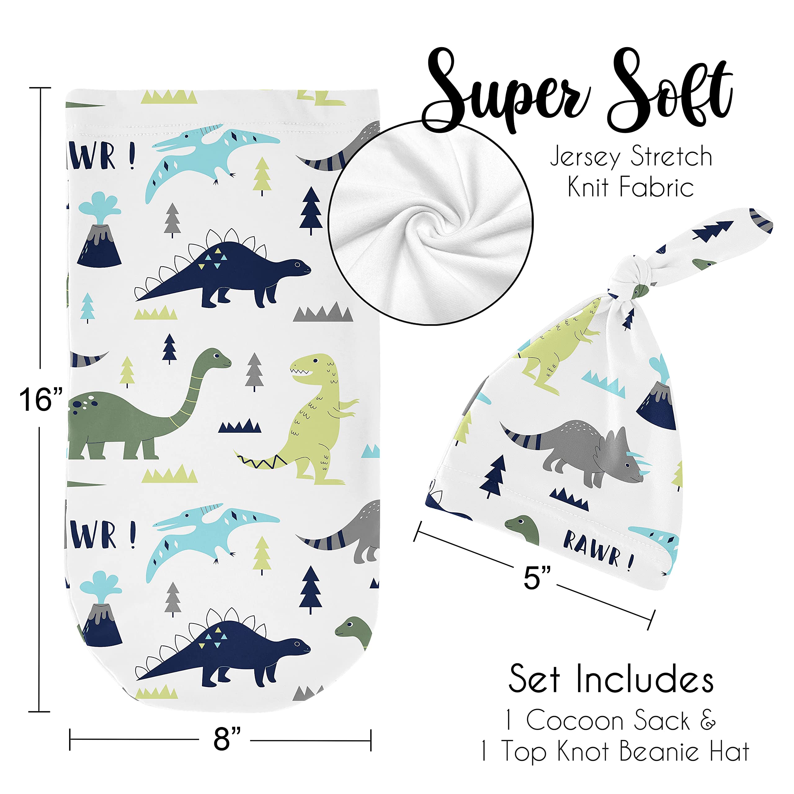 Sweet Jojo Designs Mod Dino Baby Boy Cocoon and Beanie Hat 2pc Set Jersey Stretch Knit Sleeping Bag for Infant Newborn Nursery Sleep Wrap Sack - Blue, Green and Grey Modern Dinosaur