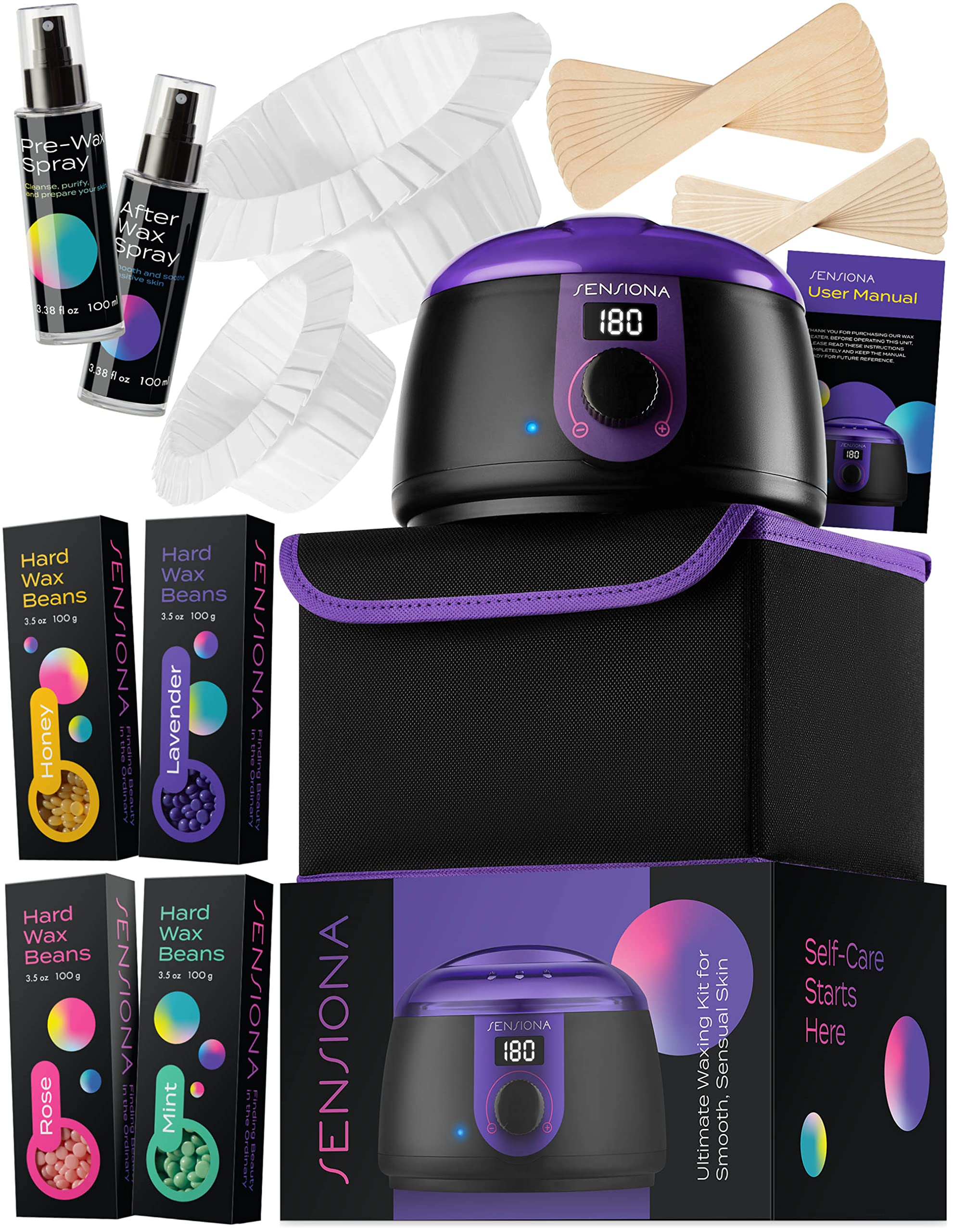 Sensiona Hot Wax Kit, Unisex Hot Wax Hair Removal. Complete Home Waxing Kit for Hair Removal, Brazilian Bikini Wax, Underarms, Legs and Face Hair. Includes No Mess Wax Liners and Gentle Skin Spray.