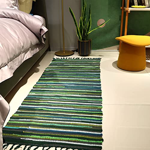 Aitik Chindi Rag Rug - Handmade Reversible - Boho Farmhouse Rustic Area Runner Rug for Living Room Kitchen Entryway - 28"x72" (2'4"x6') - Green