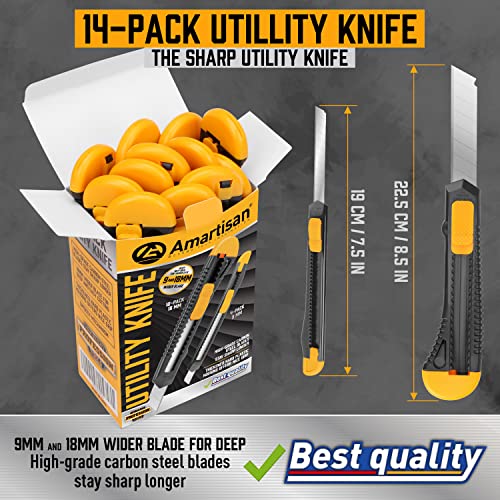 Amartisan 14-Piece Retractable Box Cutter, Utility Knifes for Boxes, Cartons, Cardboard Cutting, 18mm & 9mm Wide Blade Cutter, Very Suitable for Office and Home Use.