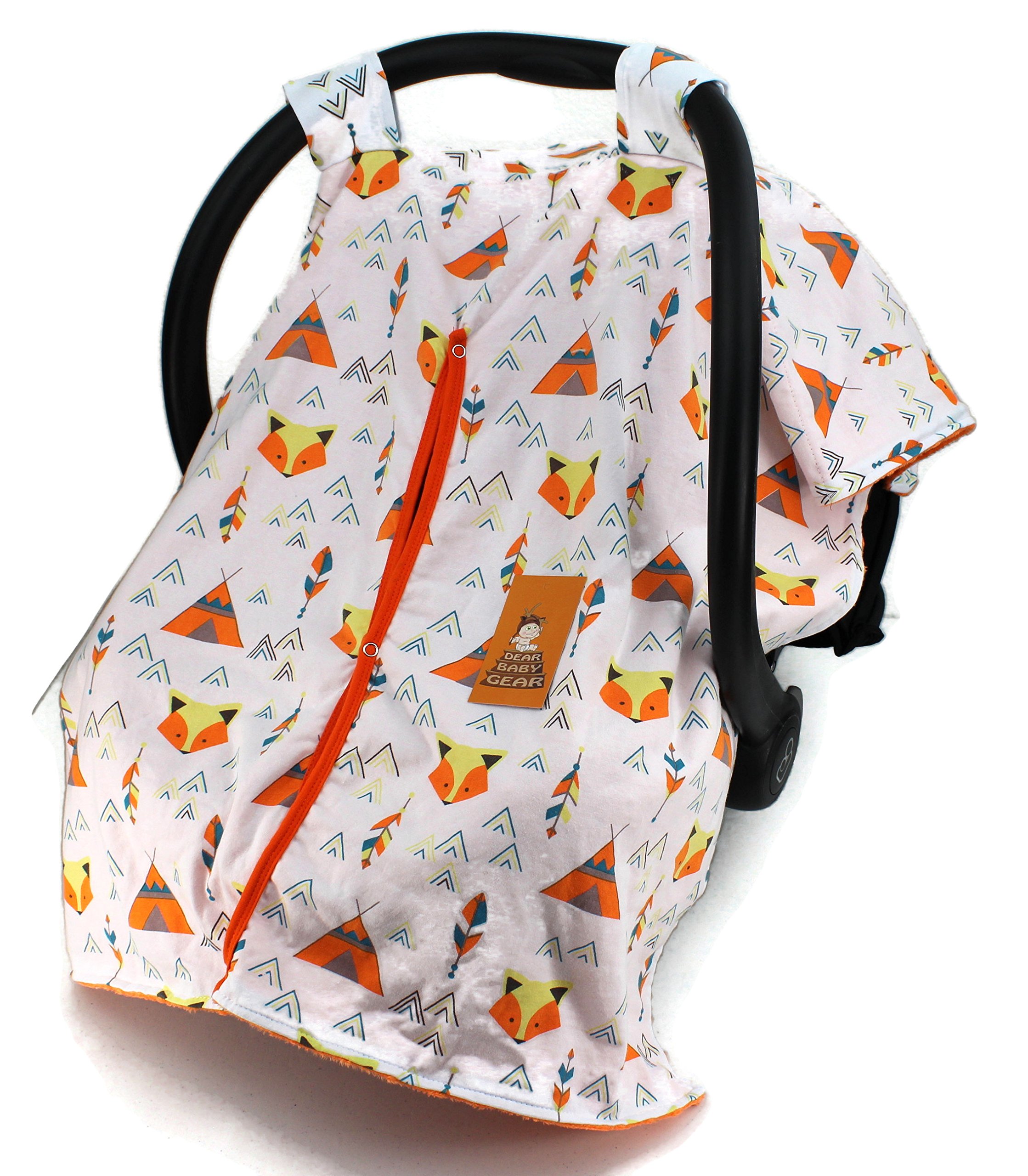 Dear Baby Gear Car Seat Canopy, Fox And Teepees, Orange Minky