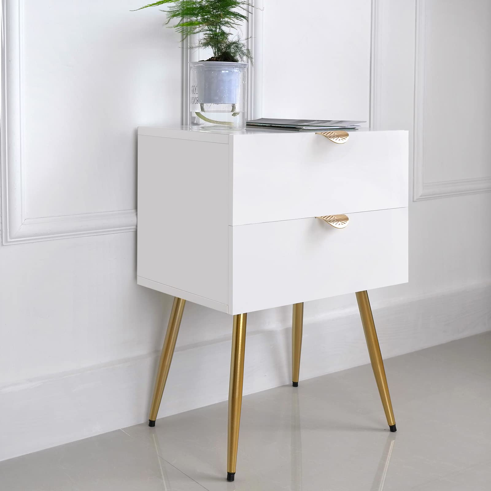 Cloud Space White Nightstand with Drawers, Mid Century Modern Bedside Table Set of 2, Wood Small Side End Table for Living Room, Patio,Dorm,Bedroom