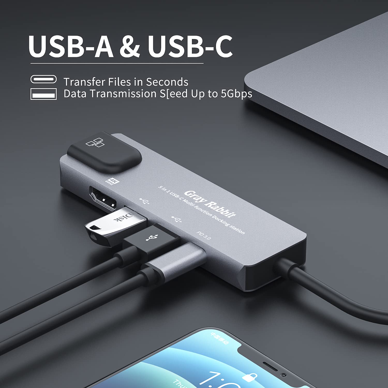5-in-1 Dock Station,USB Type c HUB with 4k@60HZ, 2*USB2.0 Ports, PD3.0 and RJ 45 10/100M Compatible with MacBook Air Pro,iPad pro, Surface Laptop/Pro and More