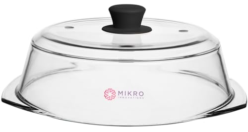 Microwave Borosilicate Glass Plate Cover for food Tall Splatter Guard - Easy Grip Silicone Knob - BPA Free and Dishwasher safe - Black
