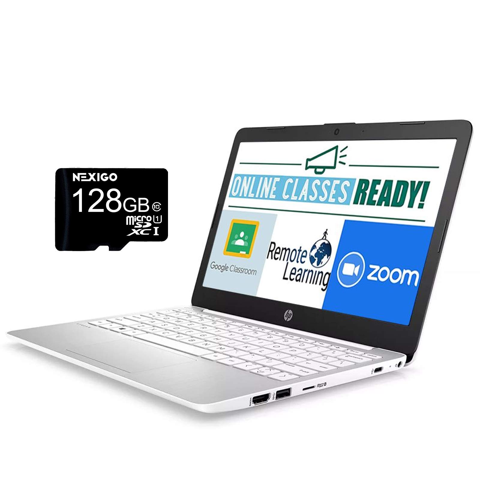 HP 2021 Stream 11.6 Inch Laptop with Webcam, Intel Celeron N4000 up to 2.6 GHz, 4GB RAM, 32GB eMMC, Bluetooth, HDMI, USB Type-C, Win 10 S, White + NexiGo 128GB MicroSD Card Bundle