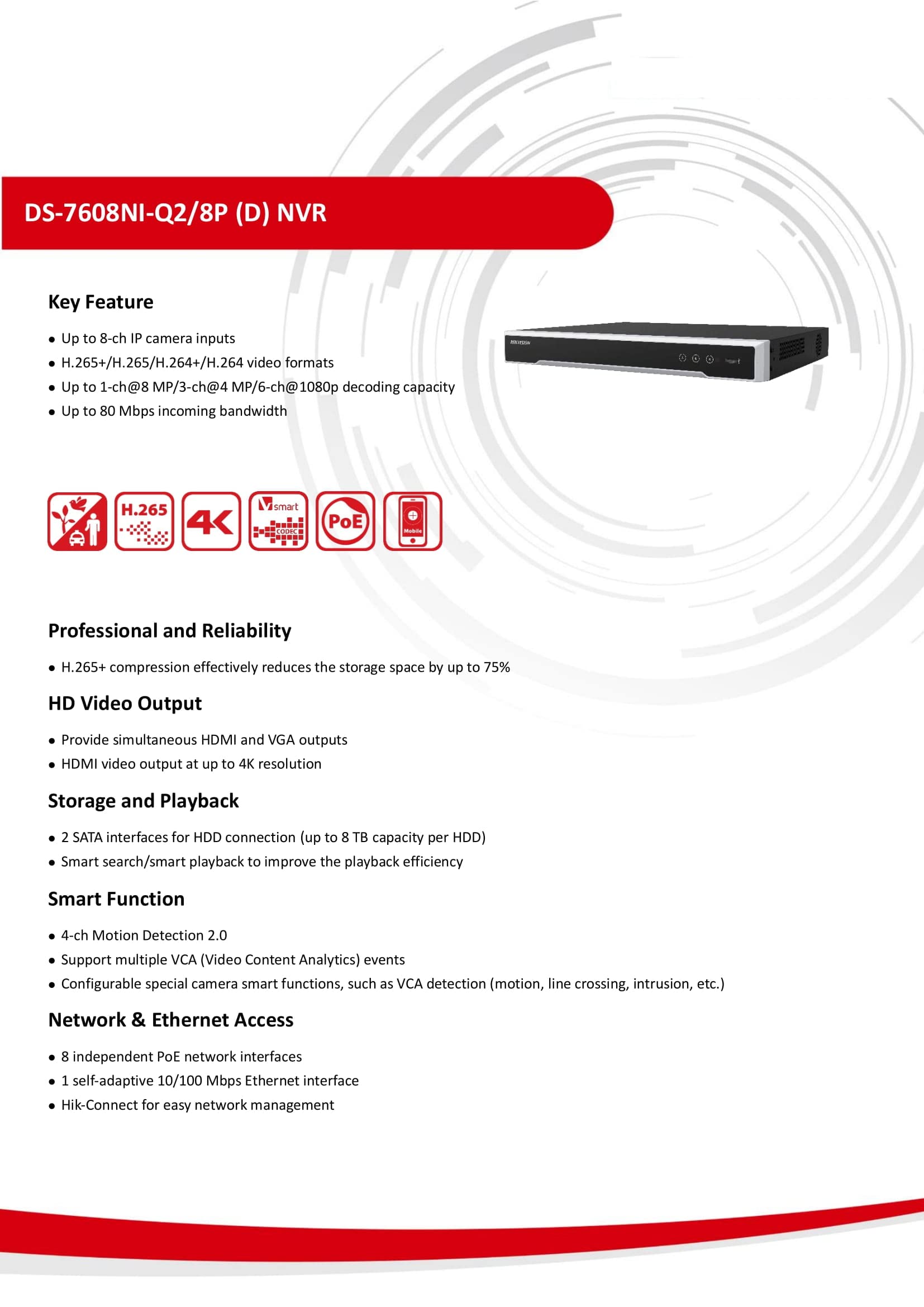 DS-7608NI-Q2/8P H.265 8 Channel PoE 4K 8MP Network Video Recorder NVR, Plug & Play, International Original English Version, Compatible with Hik-Connect, Hard Drive Not Included