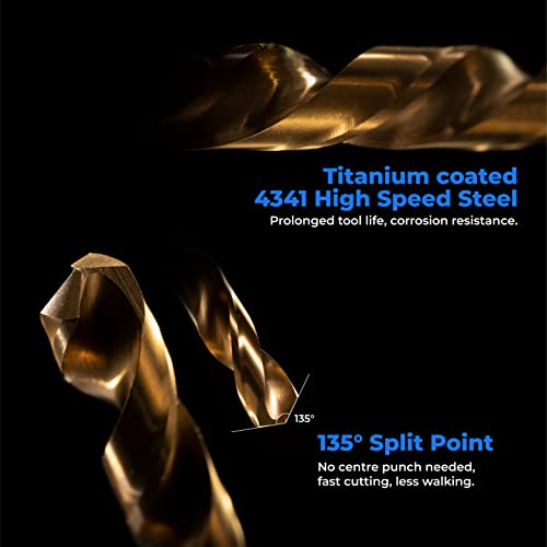 amoolo 1/8" Titanium Drill Bits (10pcs), Premium 4341 HSS Metal Drill Bits for Wood, Metal, Steel, Plastic, Aluminum Alloy