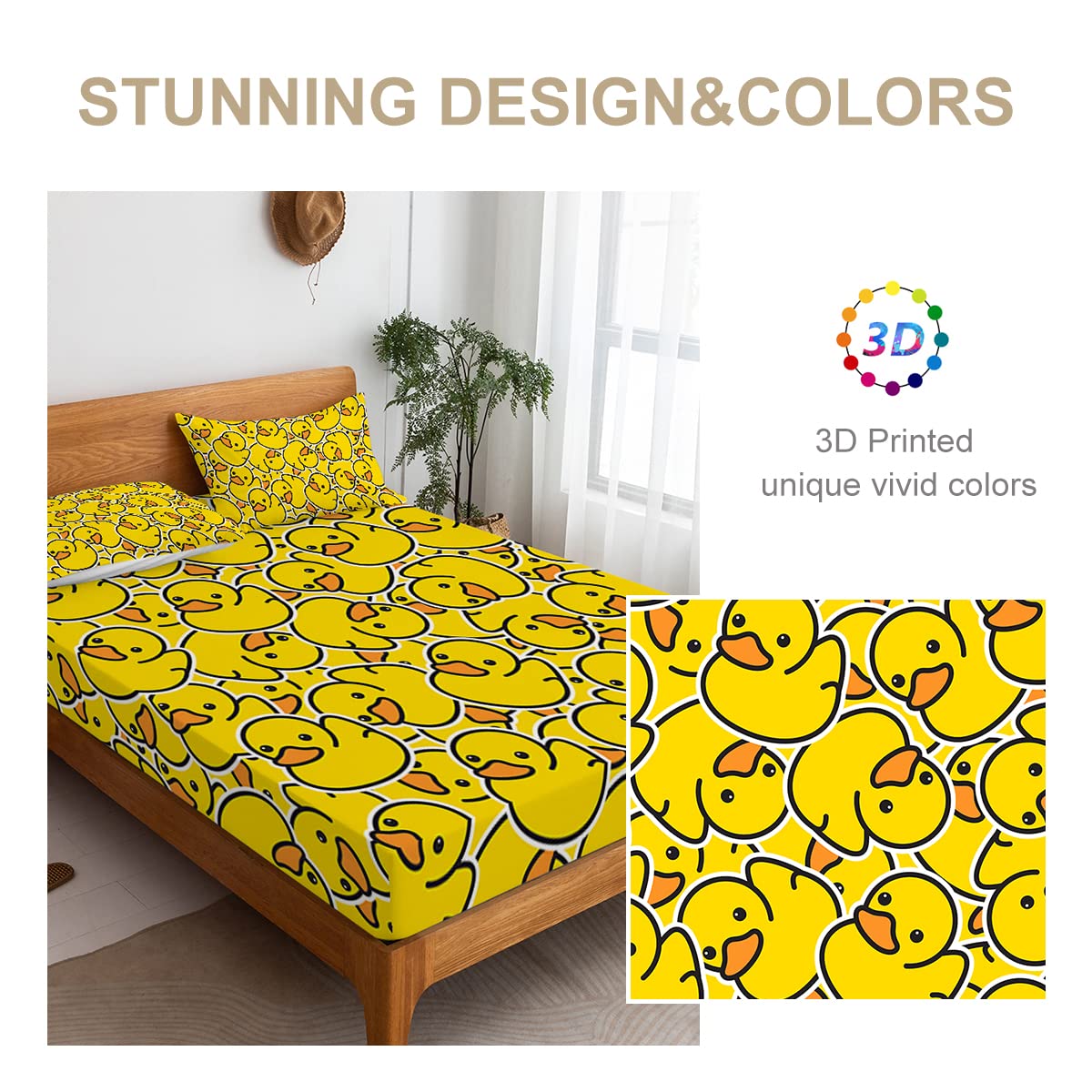 ARIGHTEX Yellow Rubber Duck Fitted Bed Sheet Set Kids Soft Microfiber Breathable Bedding All-Round Elastic Pocket 3 Pieces Fitted Sheet Set for Boys and Girls (Twin)