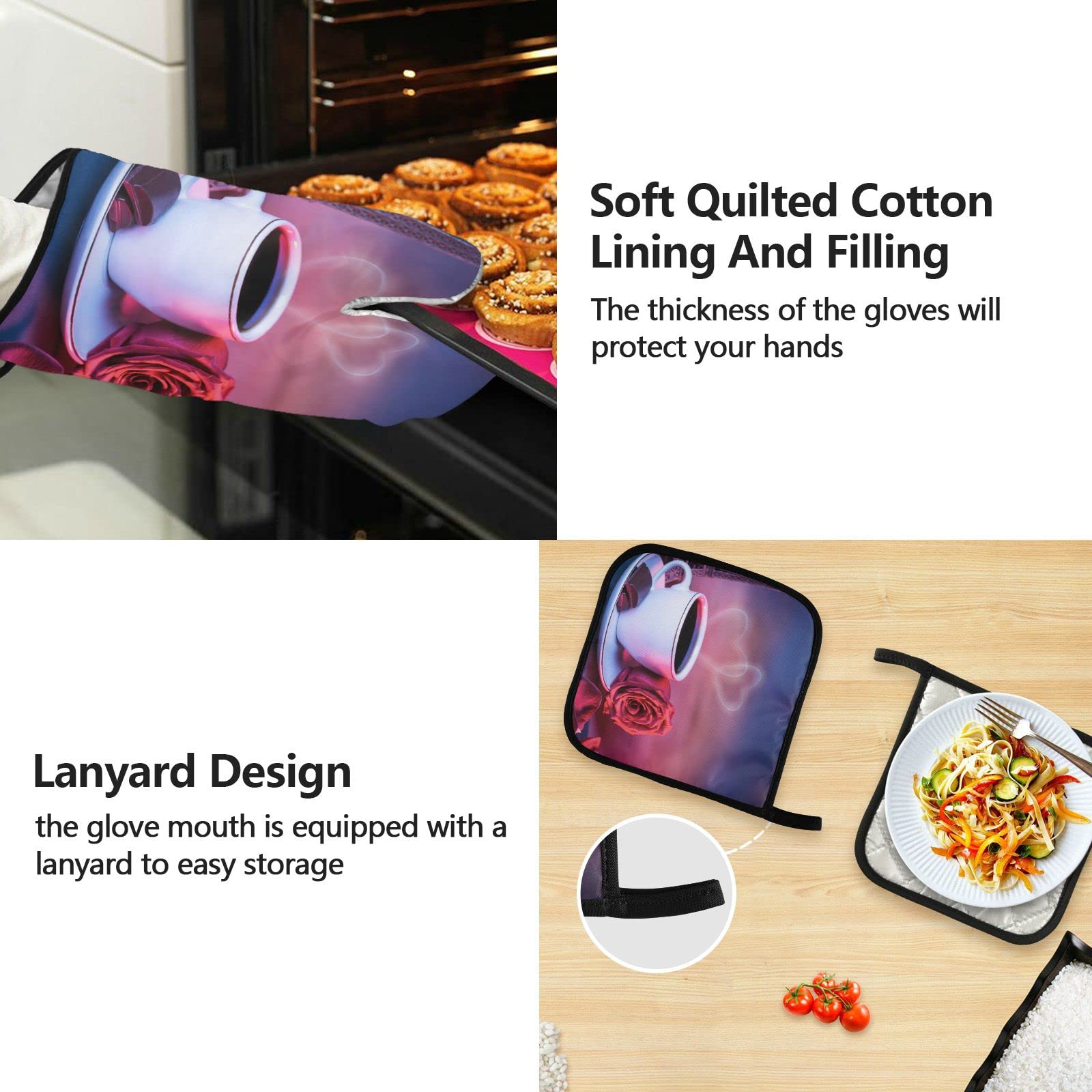 5Pcs Morning Coffee Oven Mitts and Pot Holders, Eiffel Tower Red Rose Long Kitchen Apron and Accessories Set Kitchen Linen Sets Potholders Oven Gloves for Women Men Baking Cooking BBQ