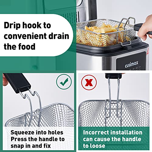 CUSIMAX Deep Fryer with Basket 2.6Qt 1200-Watt Electric Deep Fryer For the Home, with Drip Hook, Removable Lid, View Window and Oil Filtration Deep Fat Fryer