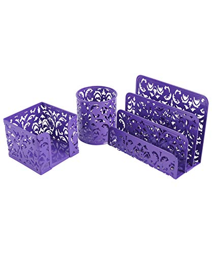 EasyPAG Cute Office Supplies 3 Piece Desk Organizer and Accessories Set - Letter Sorter, Pen Holder,Sticky Notes Holder,Purple