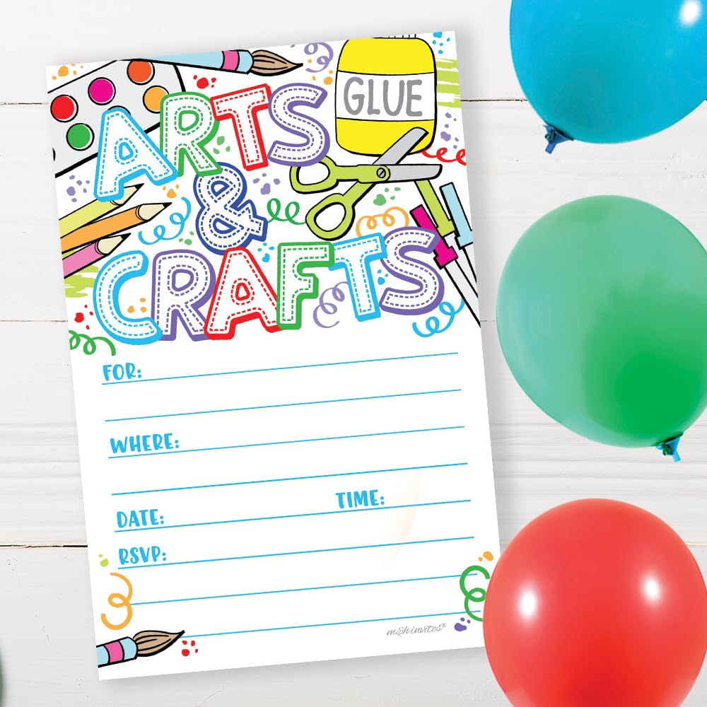 Arts & Crafts Invitations - Art Birthday Party - 4x6 Invites (20 Count) With Envelopes - Craft Party, Art Party or Paining Party Invitations
