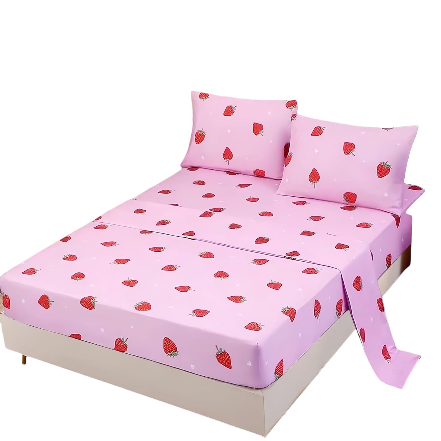 SDY 4PCS Strawberry Bedding Sheets,Queen Size Red and Pink Strawberry Print Sheet Set with 1 Kawaii Top Flat Sheet + 1 Deep Pocket Fitted Sheet + 2 Pillowcases for Teen Girls