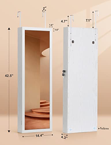 Nicetree 6 LEDs Mirror Jewelry Cabinet with 3 Improvements, 4.2" D Lockable Mirror with Jewelry Storage, Door/Wall Mounted Jewelry Organizer Mirror, Larger Capacity, White