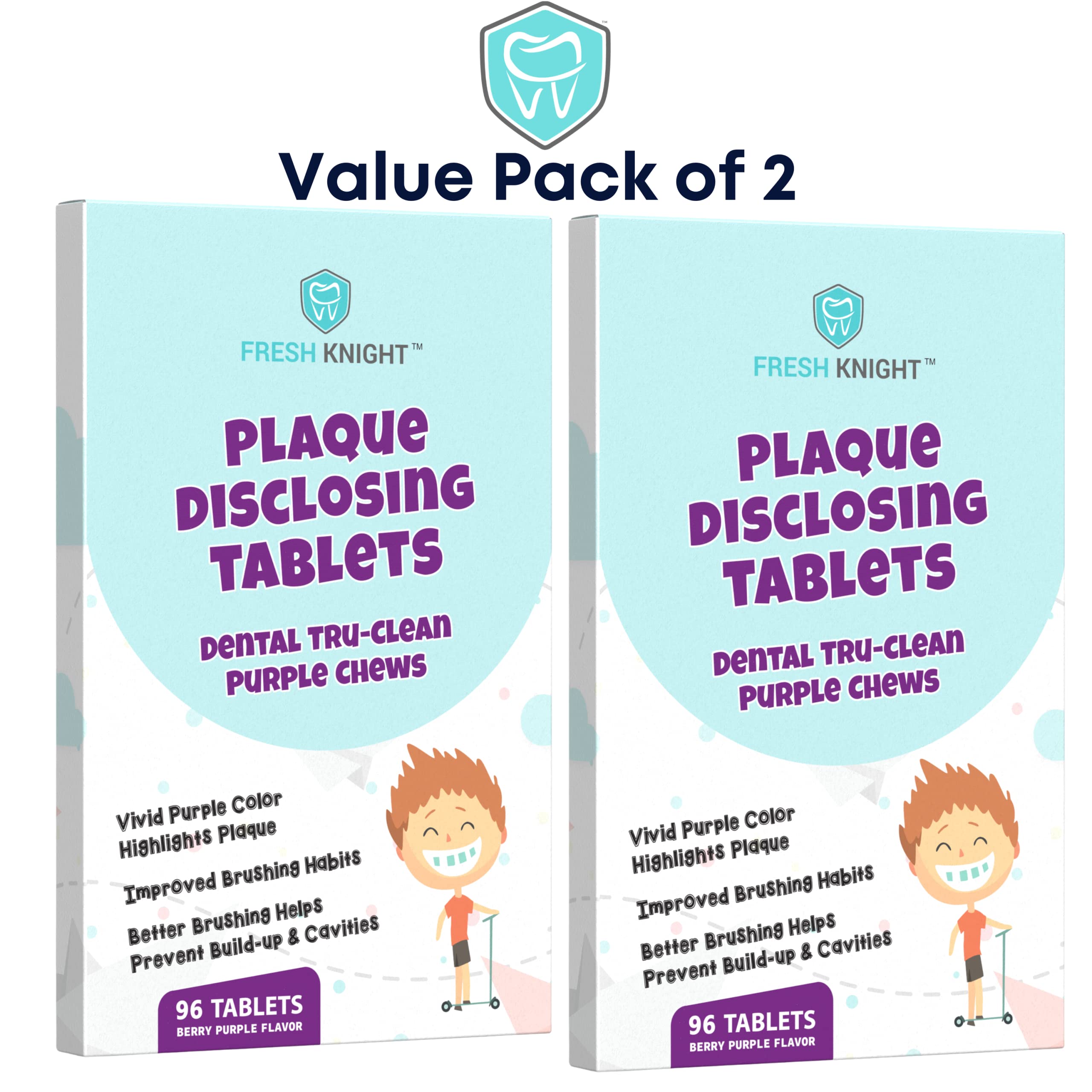 Plaque Disclosing Tablets for Teeth, 96 Count, Dental Disclosing Tablets for Kids or Adults, Shows Plaque, Helps Teach Kids Teeth-Brushing Habits for Clean Teeth, by Fresh Knight, Pack of (2)