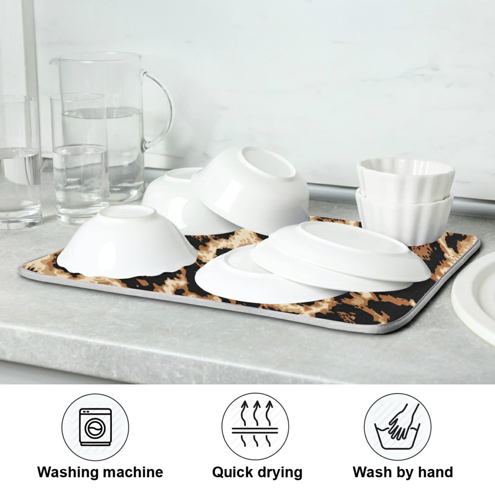 Aflyko Dish Drying Mat Leopard Print Animal Microfiber Absorbent Drying Pad Heat Resistant Kitchen Island Protector Seasonal Gift 16" × 18"