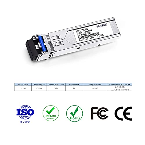 INVAXON Gigabit SFP LC Single-Mode Transceiver 1000BASE-LX/LH GLC-LH-SMD/GLC-LH-SM/SFP-GE-L, 1 1310nm, 20km DDM/DOM fuction Compatible w/Standard SFP Slots Hot Pluggable