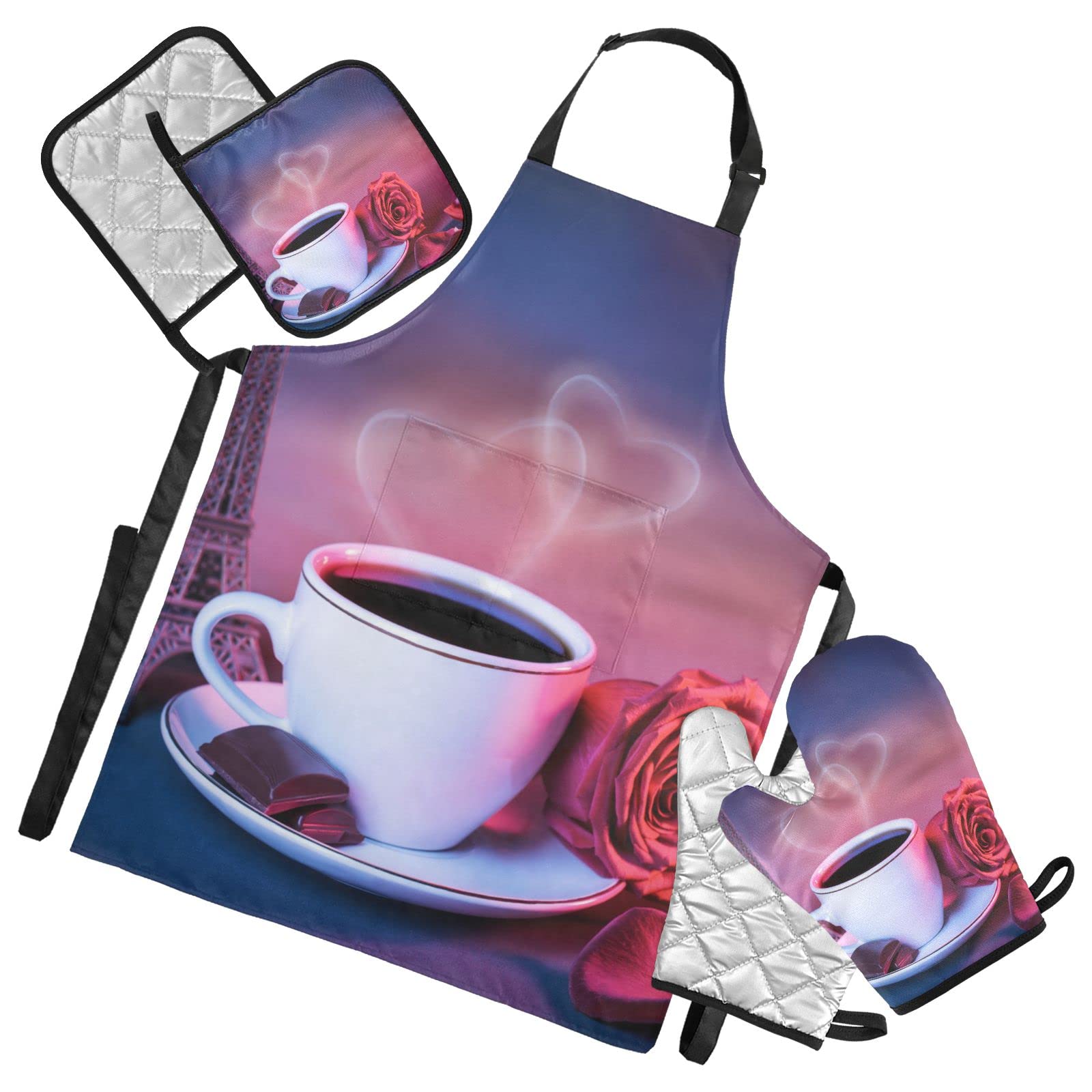 5Pcs Morning Coffee Oven Mitts and Pot Holders, Eiffel Tower Red Rose Long Kitchen Apron and Accessories Set Kitchen Linen Sets Potholders Oven Gloves for Women Men Baking Cooking BBQ