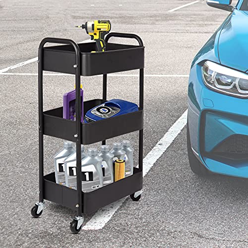 ABCOOL 3-Tier Metal Storage Organizer Rolling Utility Cart - Home Kitchen Bathroom Bedroom Office Classroom Laundry Cleaning Supplies Bar Craft Shelf Cart with Caster Wheels, College Dorm Essentials