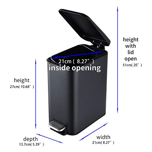 HILFA 5 Liter/ 1.3 Gallon Compact Stainless Steel Rectangular Step Trash can, Bathroom Trash can, Kitchen Trash can,Matte Black,SB3200-MB