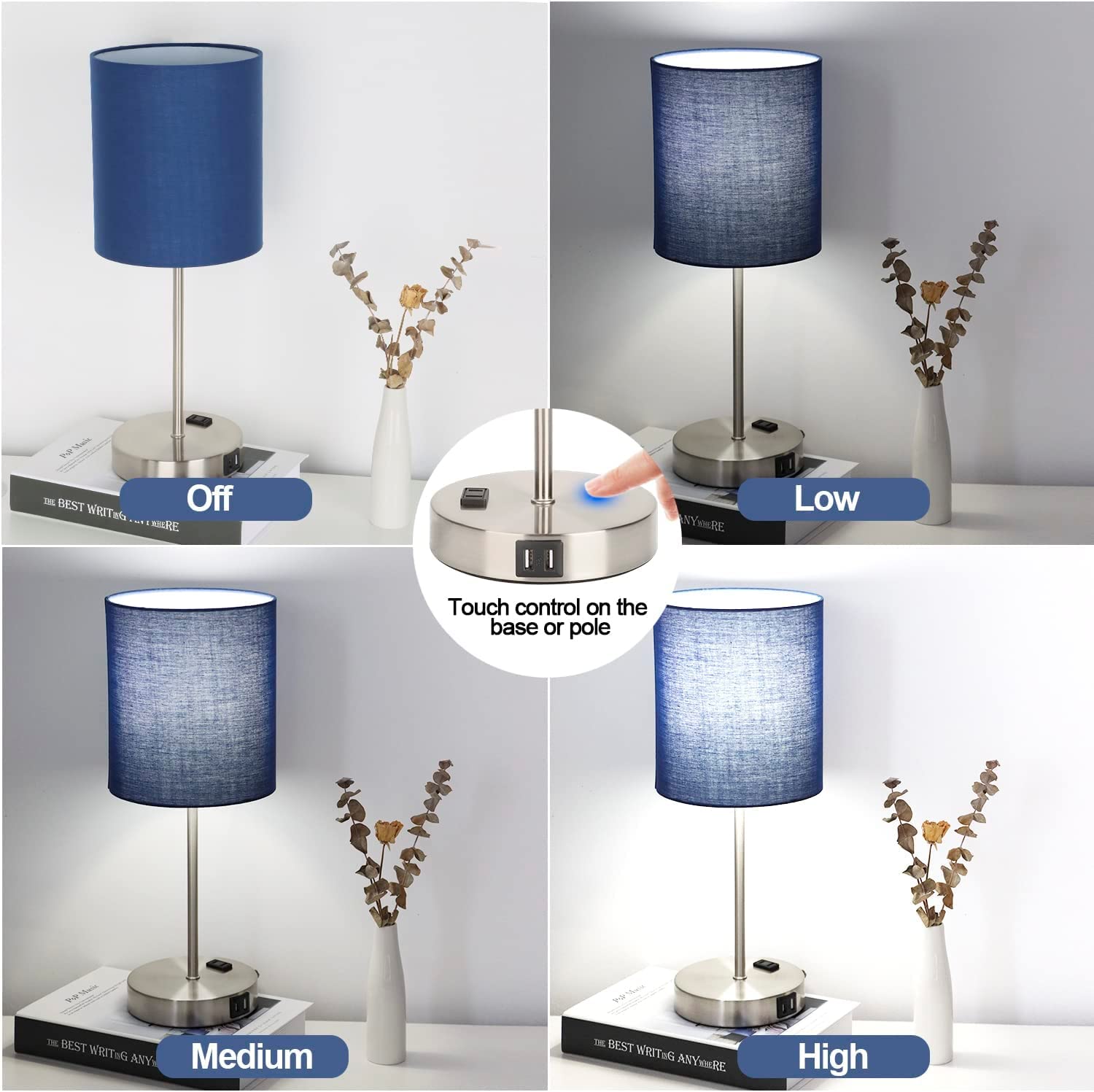 ๐ฎ๐ฌ๐ฎ๐ฏ ๐ก๐๐ช Set of 2 Touch Control Table Lamps with 2 USB & AC Outlet, 3-Way Dimmable Bedside Nightstand Lamps for Bedroom Living Room Nursery, 800 Lumens 5000K Daylight Bulbs Included