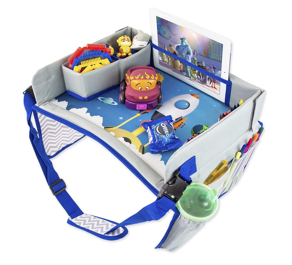 Thr33E Car Seat Kids Travel Tray - Travel Lap Desk Active Accessory for Child’s - Kids Tablet iPad Holder Stand Art Storage Pockets (Blue)
