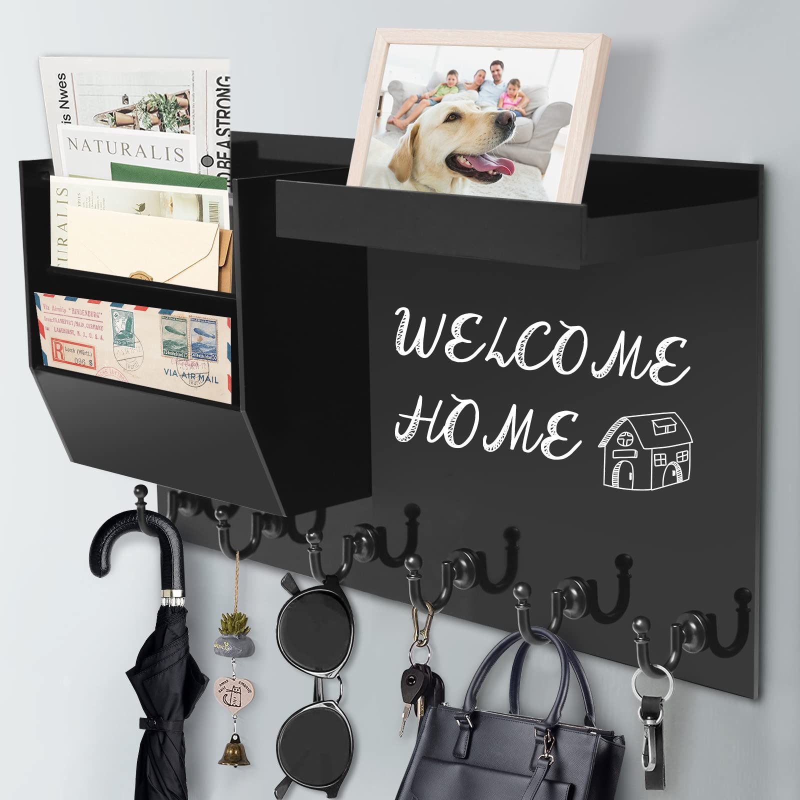 MAKUANG Key and Mail Holder for Wall, Hanging Acrylic Mail Organizer Wall Mount with Whiteboard Shelf Key Hooks, Entryway Decorative Letter Holder Adhesive Key Hanger Rack, White