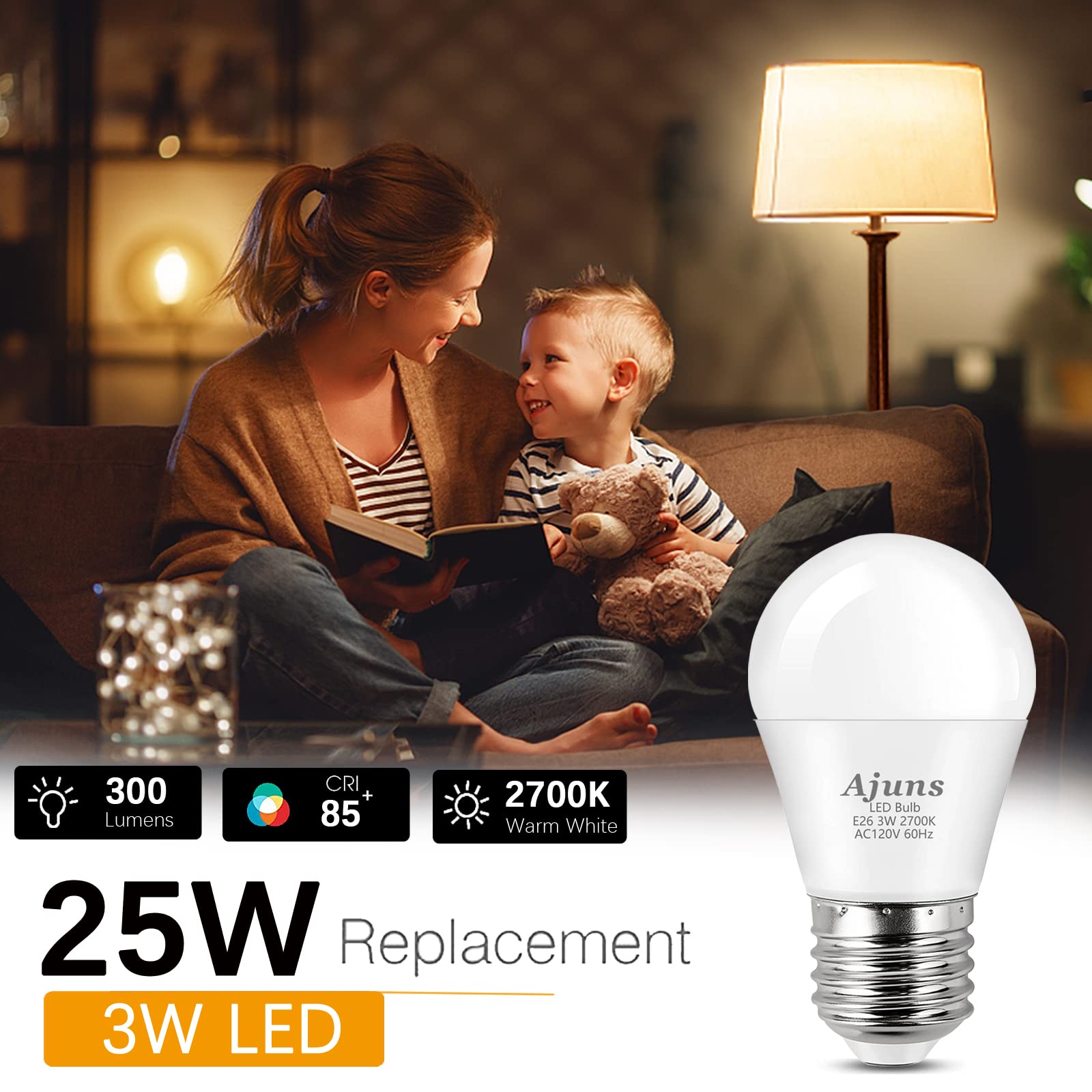 Ajuns LED Bulb 3W Equivalent 25 Watt Light Bulbs,120V Ceiling Fan Light Bulbs Table Lamp Bulb Warm White 2700K LED Energy Saving Bulb E26 Base, Suitable for Home 4 Pack