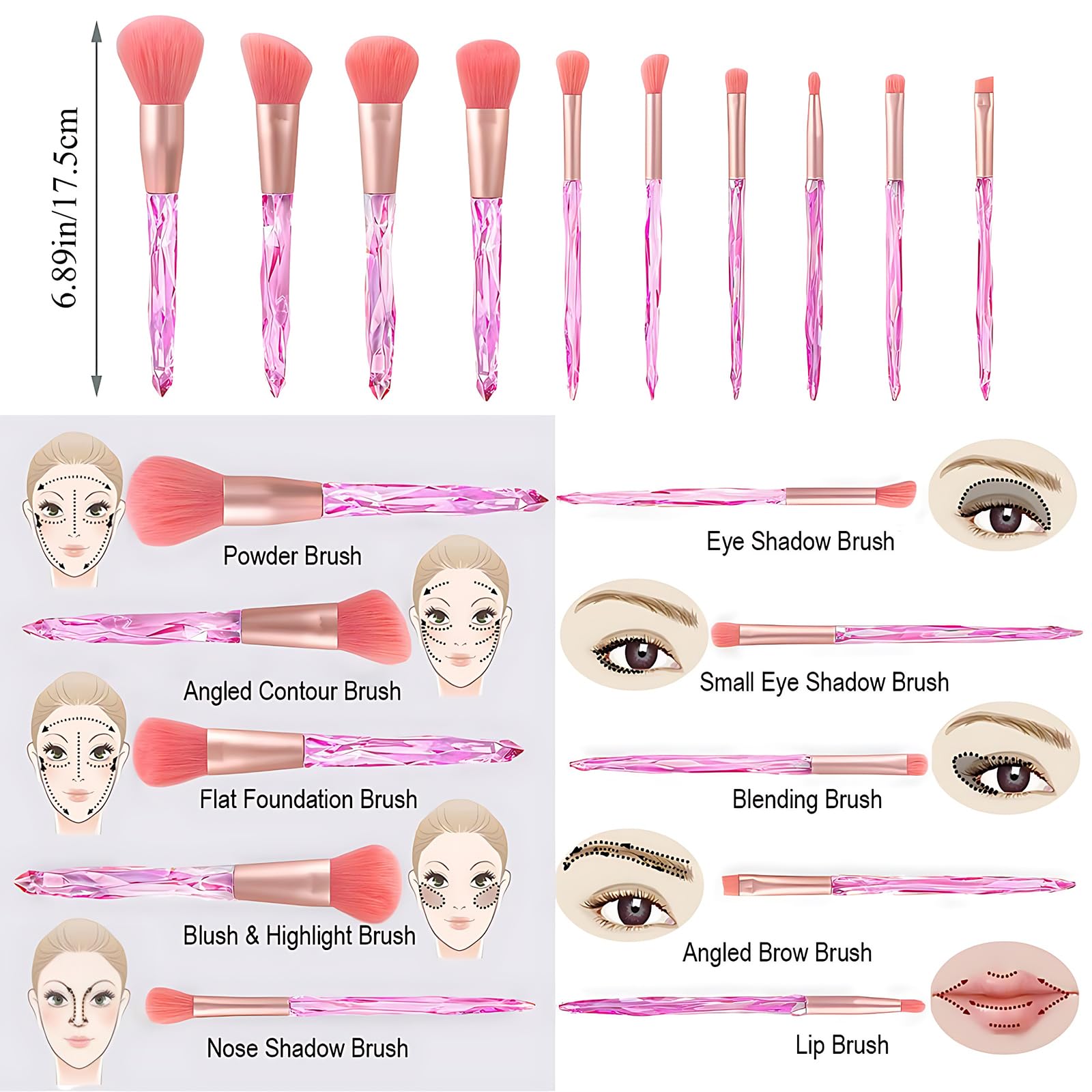 Kingtree Makeup Brushes, 10PCS Pink Crystal Makeup Brush Set Premium Synthetic Foundation Powder Concealer Eyeshadow Makeup Brush Kit, Professional Make Up Brush Set for Girls and Ladies
