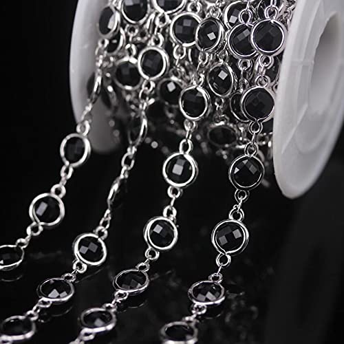 3Meter Silver Plated Black K9 Optical Glass Crystal 6mm Faceted Flat Round Coin Beads Rosary Chains Necklace Findings