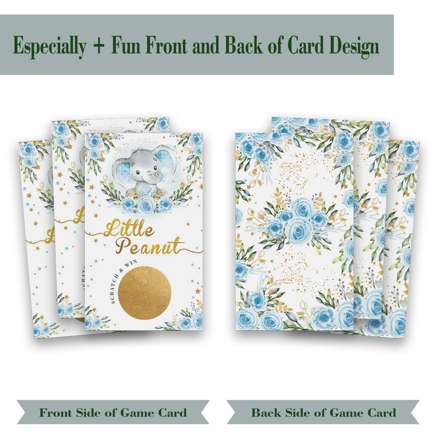 50 Baby Shower Scratch Off Game, Blue Elephant Rose Lucky Draw Card,Party Activities, Decorations, and Supplies- It's a Boy