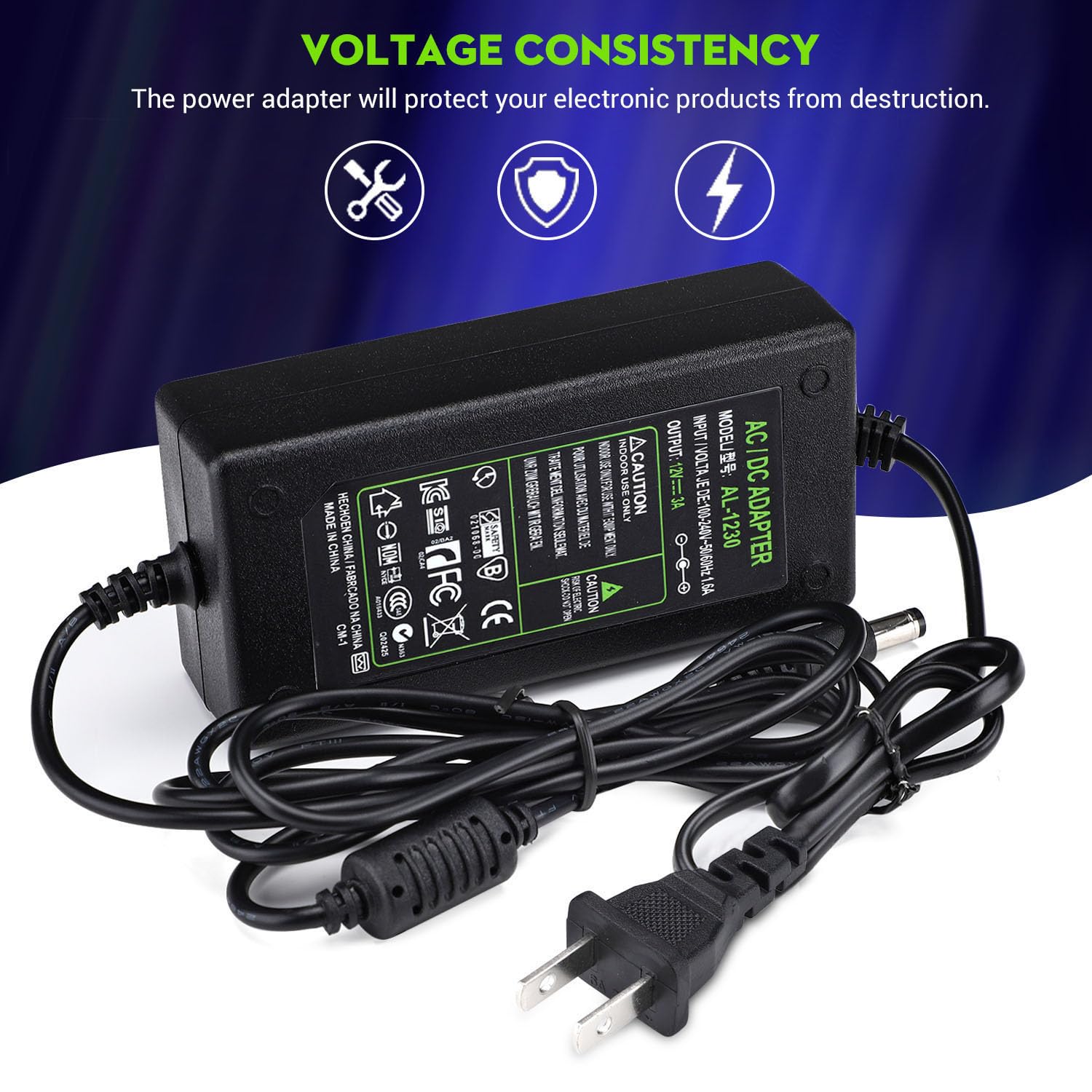 DC 12V 3A Power Adapter, US Plug, 4.6FT Power Cord, 36 Watt AC 100-240V to DC 12Volt Transformers, Switching Power Supply for LED Strip Light, Camera, Wireless Router 2.1mm X 5.5mm