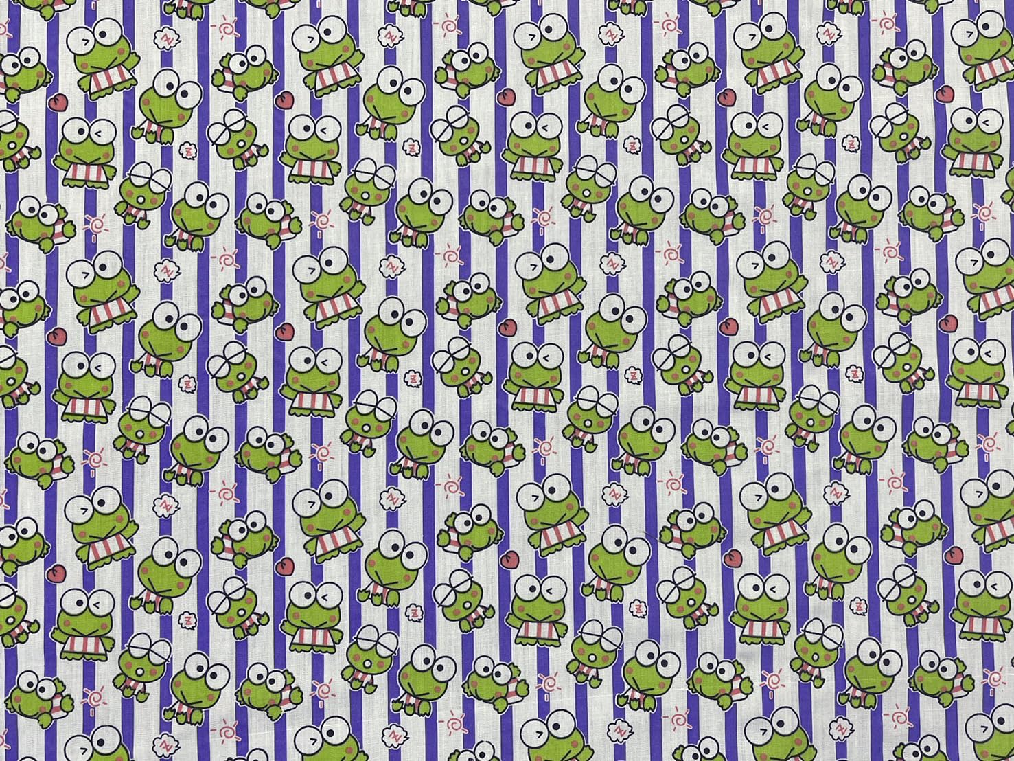 AMORNPHAN 44 Inch Green Keroro Happy Frog Cartoon Purple Stripes Printed On White Cotton Fabric Themed Pattern with Frogs for Craft Decorative Kid Patchwork Handmade Sewing Crafting for 1 Yard