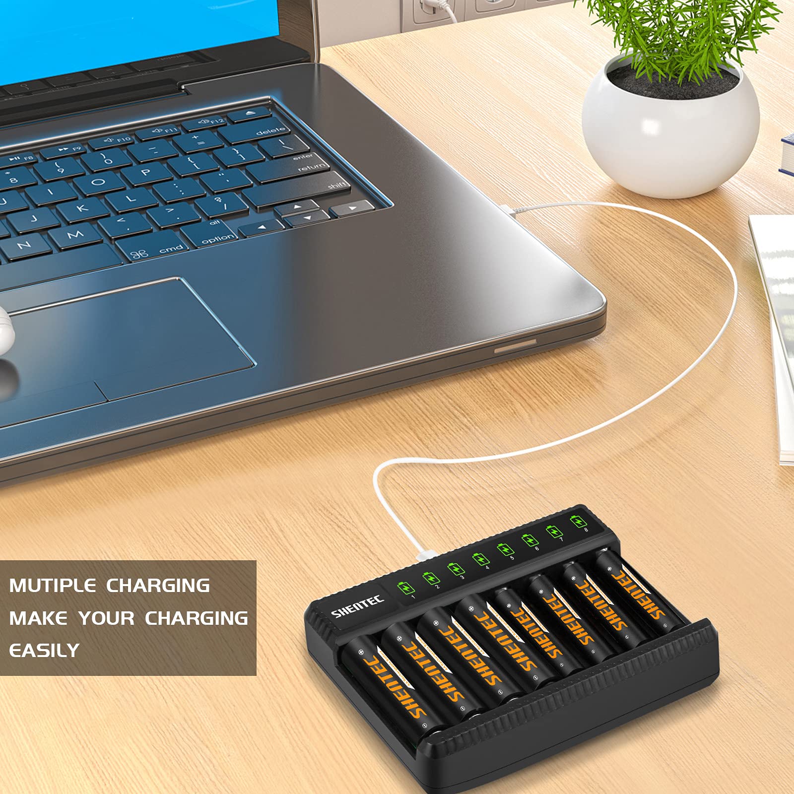 Shentec 4 Packs 2500mAh Rechargeable AA Batteries and 4 Packs 1000mAh Rechargeable AAA Batteries with Smart 8 BayAAA AA Battery Charger (USB Fast Charging, Independent Slot)