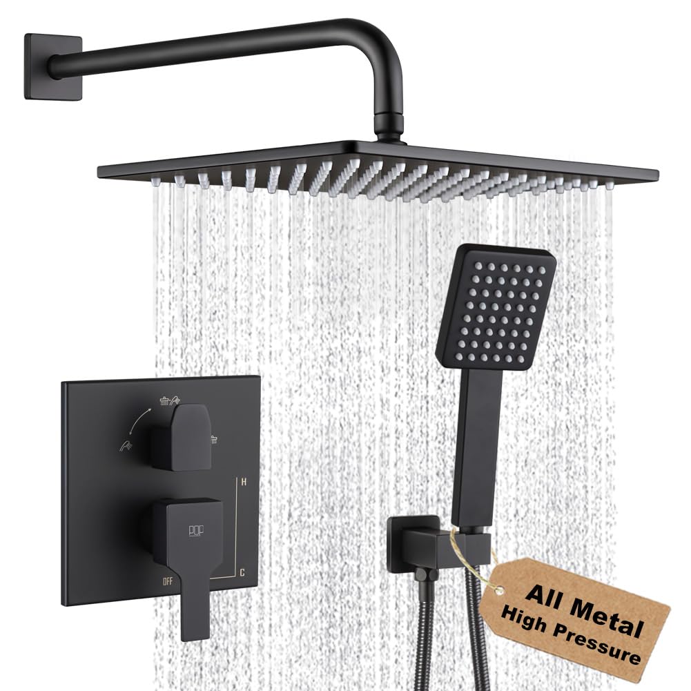 POP SANITARYWARE Matte Black Shower Faucet Set Complete Bathroom Rainfall 10 Inch Shower Head System with Handhled Single Handle Shower Trim Kit with Valve