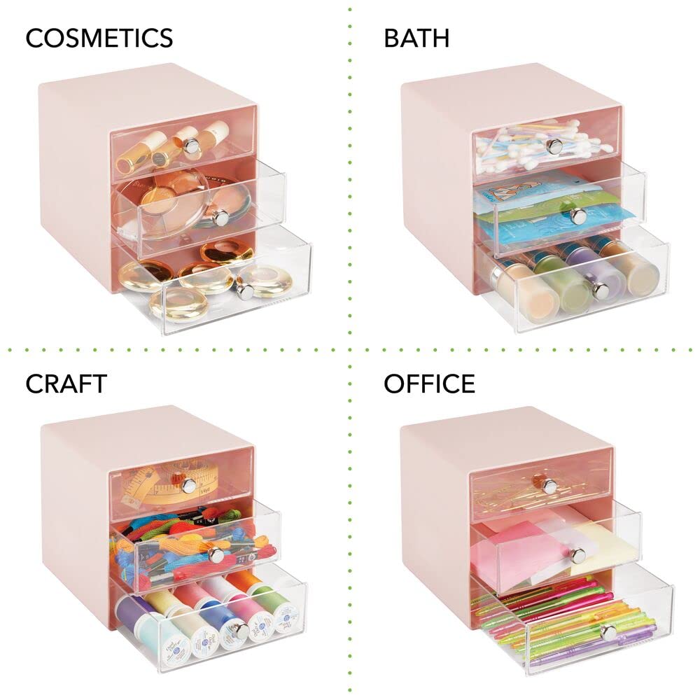 mDesign Plastic 3-Drawer Stackable Nursery Storage Organizer for Baby/Kids Bedroom, Changing Table, Playroom, Modern Organization for Diaper Creams and Small Toys, Lumiere Collection, Light Pink/Clear