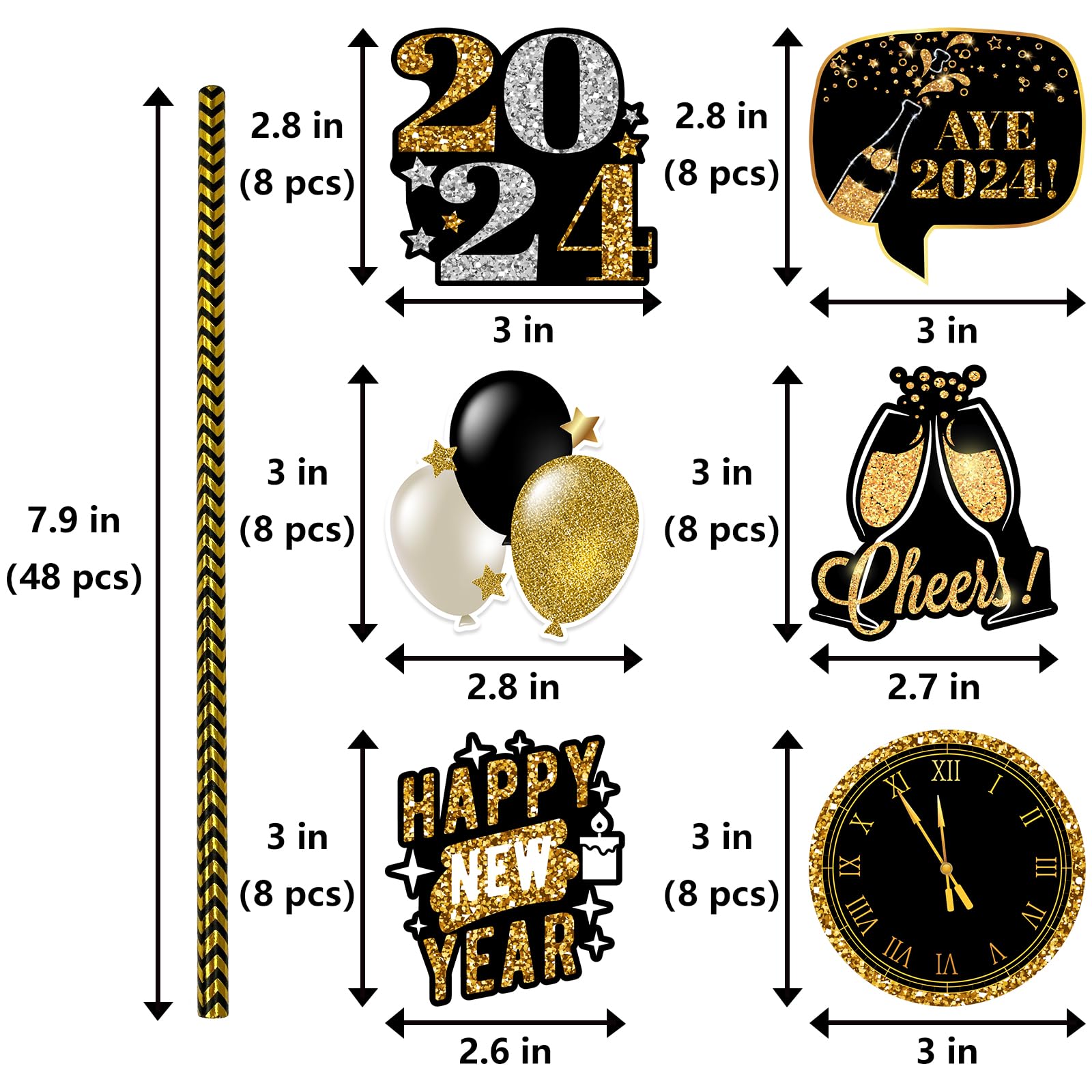 48PCS Happy New Year Straws 2024 – New Year’s Eve Striped Straws Party Supplies Decorations
