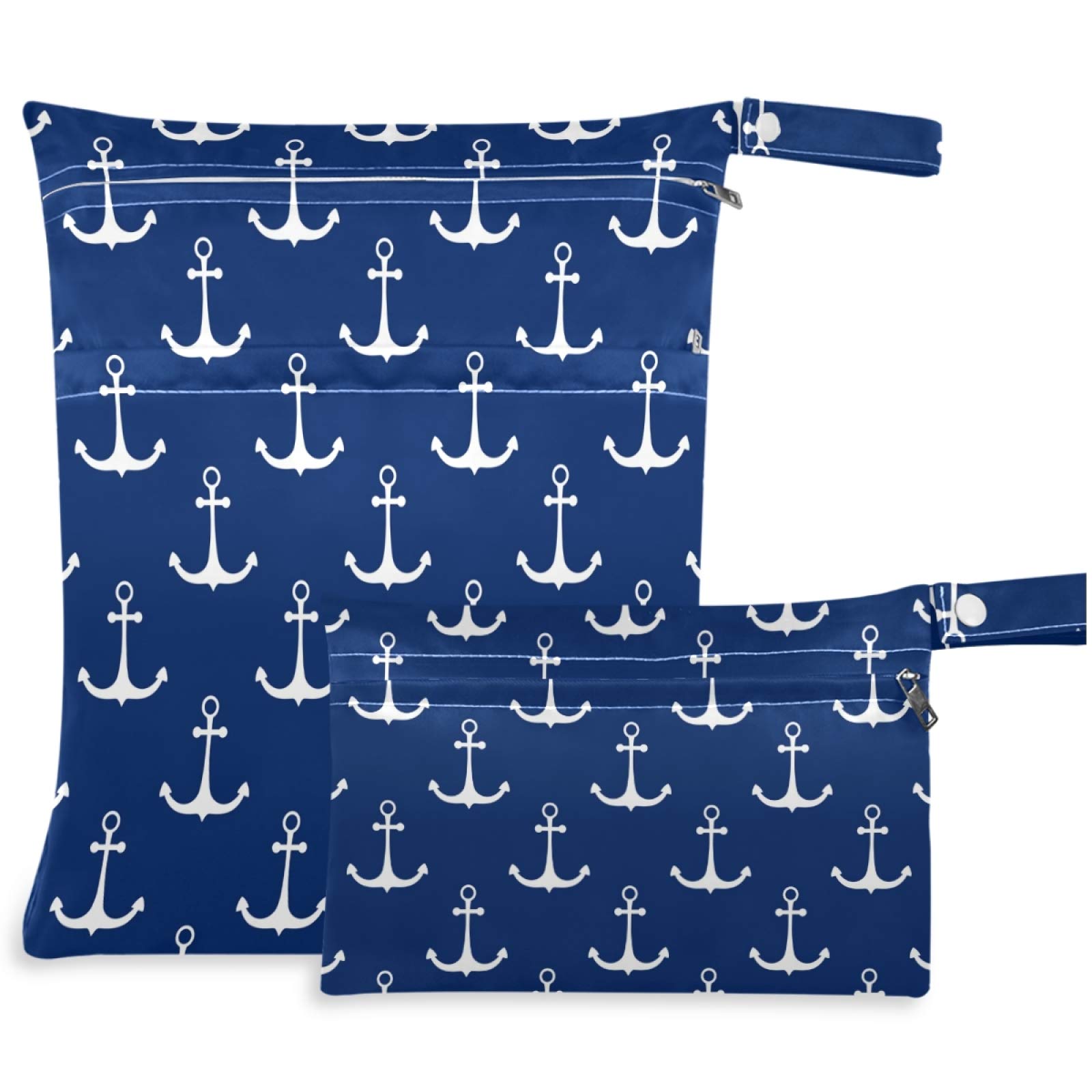 visesunny Classic Anchor Dark Blue 2Pcs Wet Bag with Zippered Pockets Washable Reusable Roomy for Travel,Beach,Pool,Daycare,Stroller,Diapers,Dirty Gym Clothes, Wet Swimsuits, Toiletries