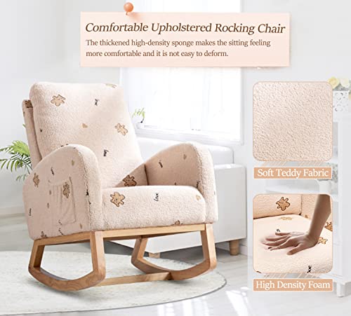 Cute Comfy Rocking Chair for Baby Nursery, Upholstered Rocker Chair with High Backrest and Side Pocket, Modern Armchair for Living Room, Glider Rocker with Solid Wood, Quiet Rocking Design, Beige
