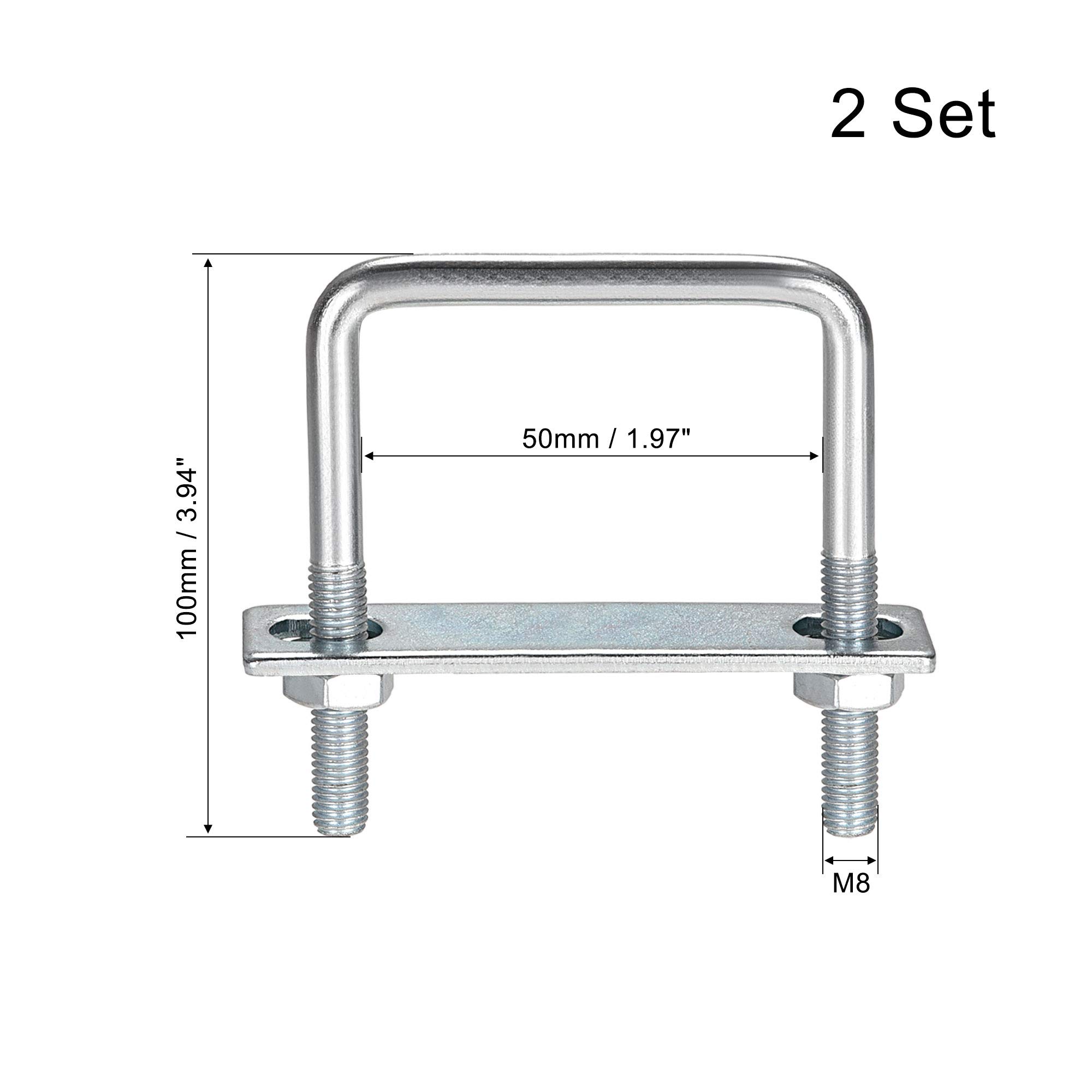 uxcell Square U-Bolts 2"(50mm) Inner Width 100mm Length Carbon Steel M8 with Nuts, Frame Plate, Round Washers 2 Set