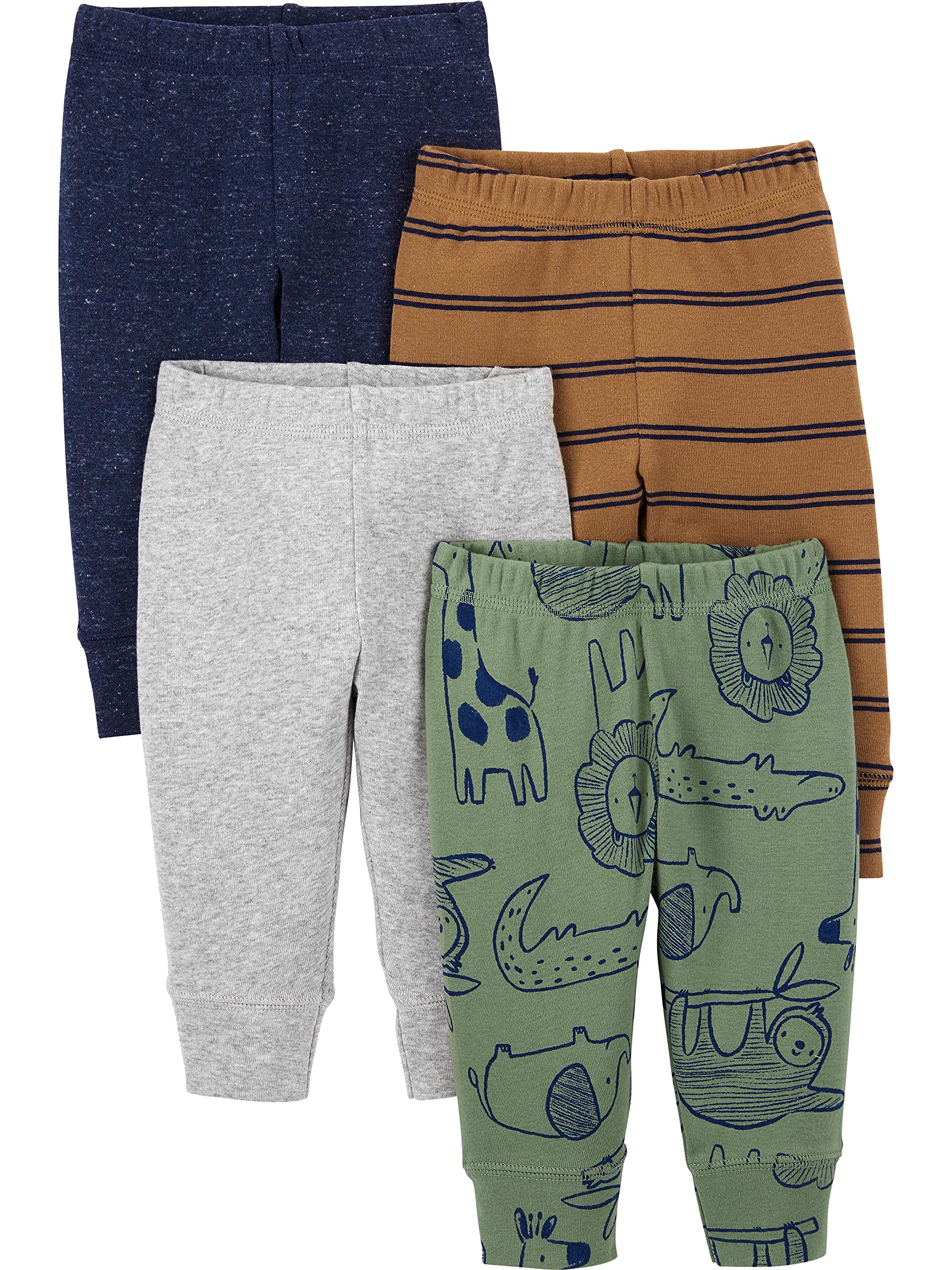 Simple Joys by Carter's Baby 4-Pack Neutral Pant, Blue Heather/Brown Stripe/Grey Heather/Olive Animal, 3-6 Months