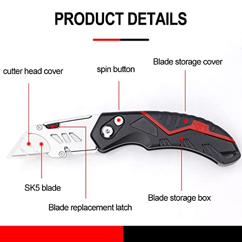 AIRAJ PRO Utility Knife,Heavy Duty Folding Box Cutter,Quick-Change Folding Razor Knife,Pocket Carpet Knife with 13 Sharp SK5 Stainless Steel Blades,Blade Storage Design