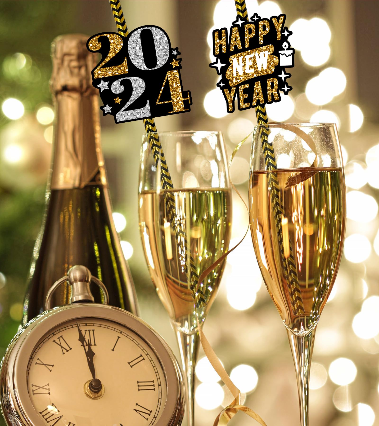 48PCS Happy New Year Straws 2024 – New Year’s Eve Striped Straws Party Supplies Decorations