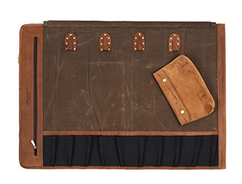 Aaron Leather Goods Leather Knife Roll With Storage Bag, Elastic and Expandable 10 Pockets, Adjustable/Detachable Shoulder Strap, Travel-Friendly Chef Knife Case (Green, Canvas)