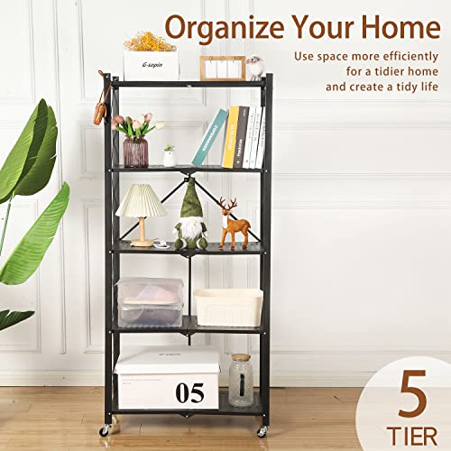 Letusto Foldable Collapsible Shelf with Wheels & Breaks - Folding Shelf Heavy Duty Metal Frame Pantry Shelving Unit - Origami Bookcase - No Assembly Bookshelf (White, 5 Tier)