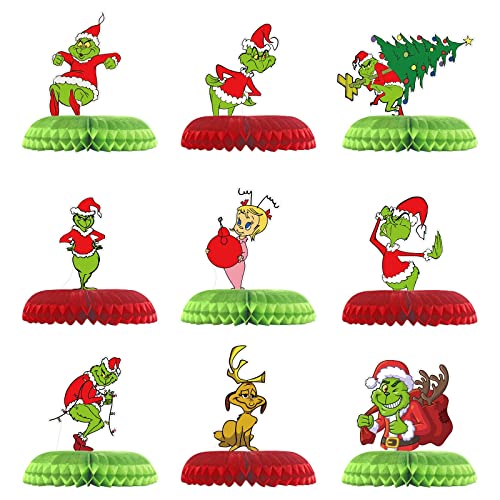 9 Piece Grinch Christmas Decorations, Christmas Party Centerpieces Honeycomb Tabletop Decorations for Party Home Decorations, Christmas Themed Birthday Party Favors